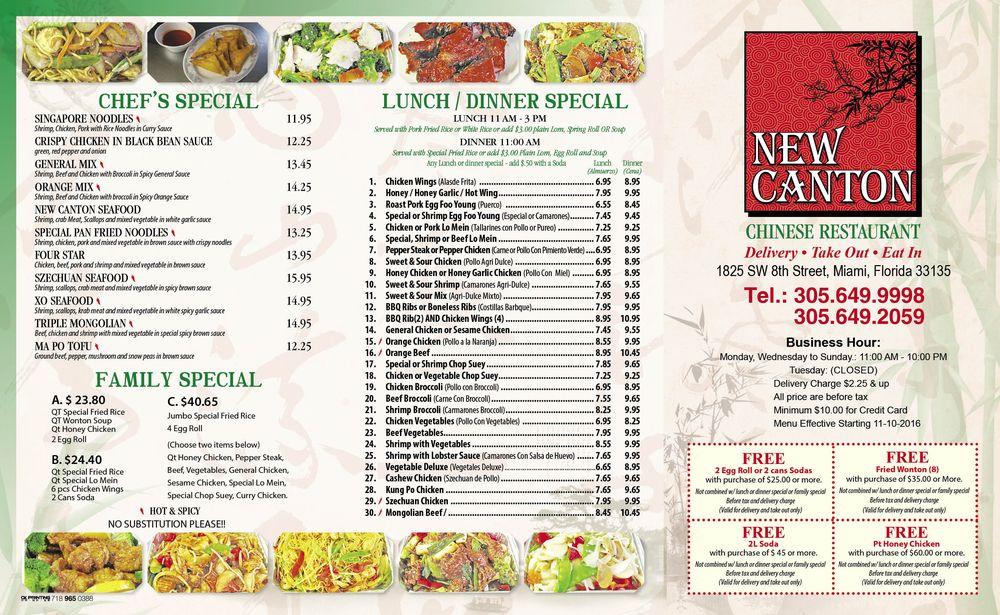 Menu at New Canton restaurant, Miami