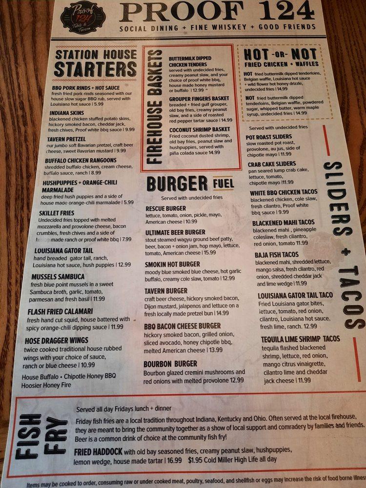 Menu at Proof 124 Table and Tavern pub & bar, Lawrenceburg