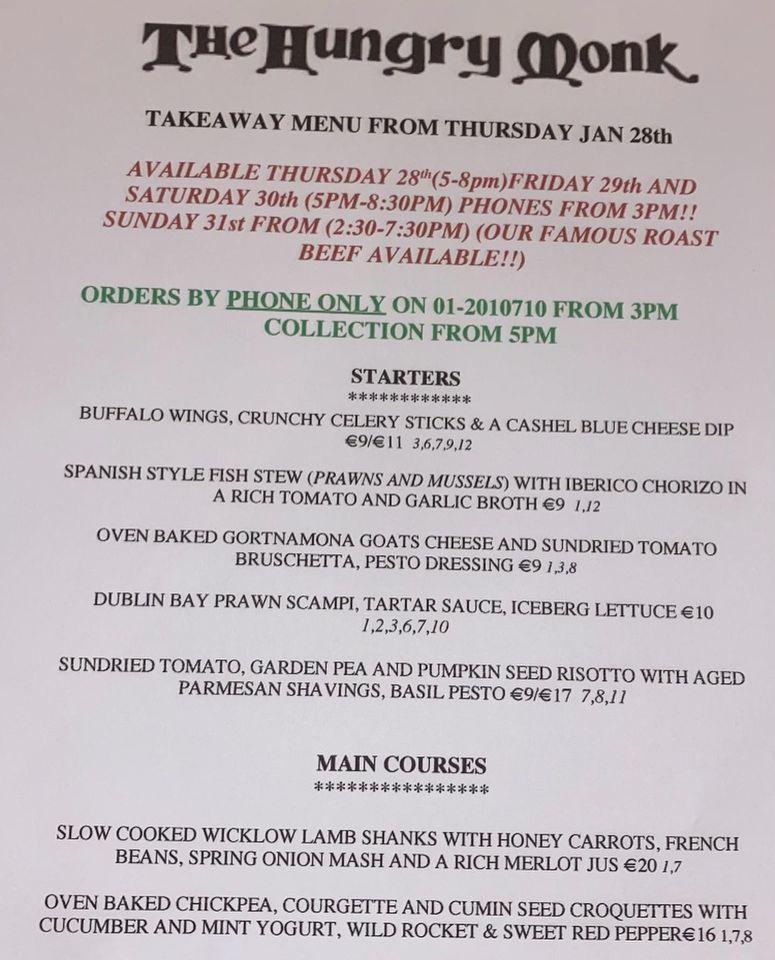 Menu at The Hungry Monk restaurant, Greystones