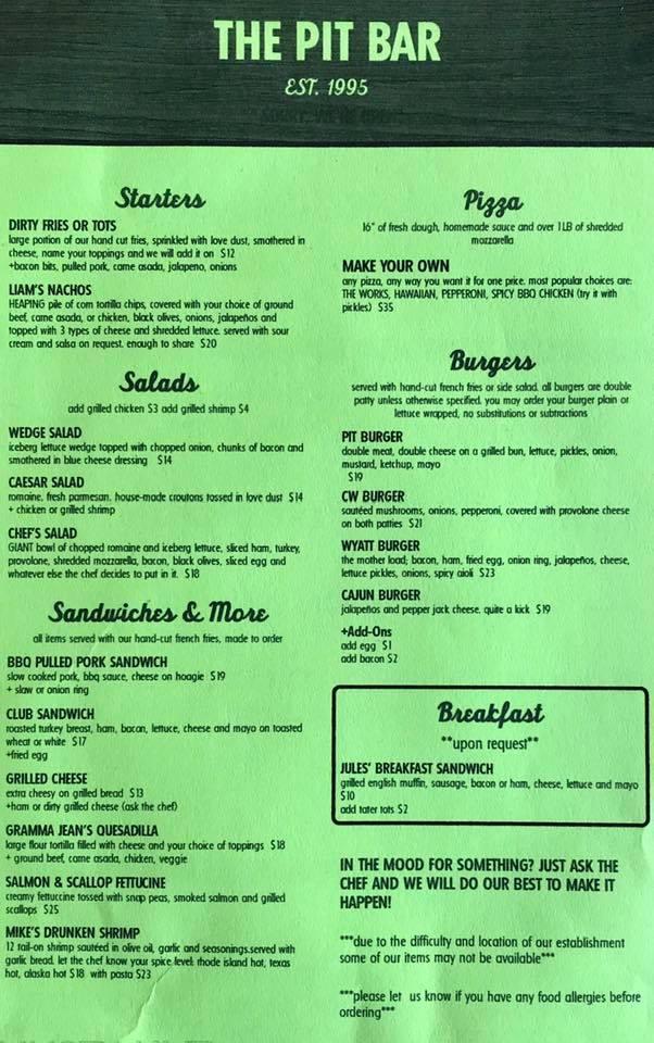 Menu at The Pit Bar, Naknek