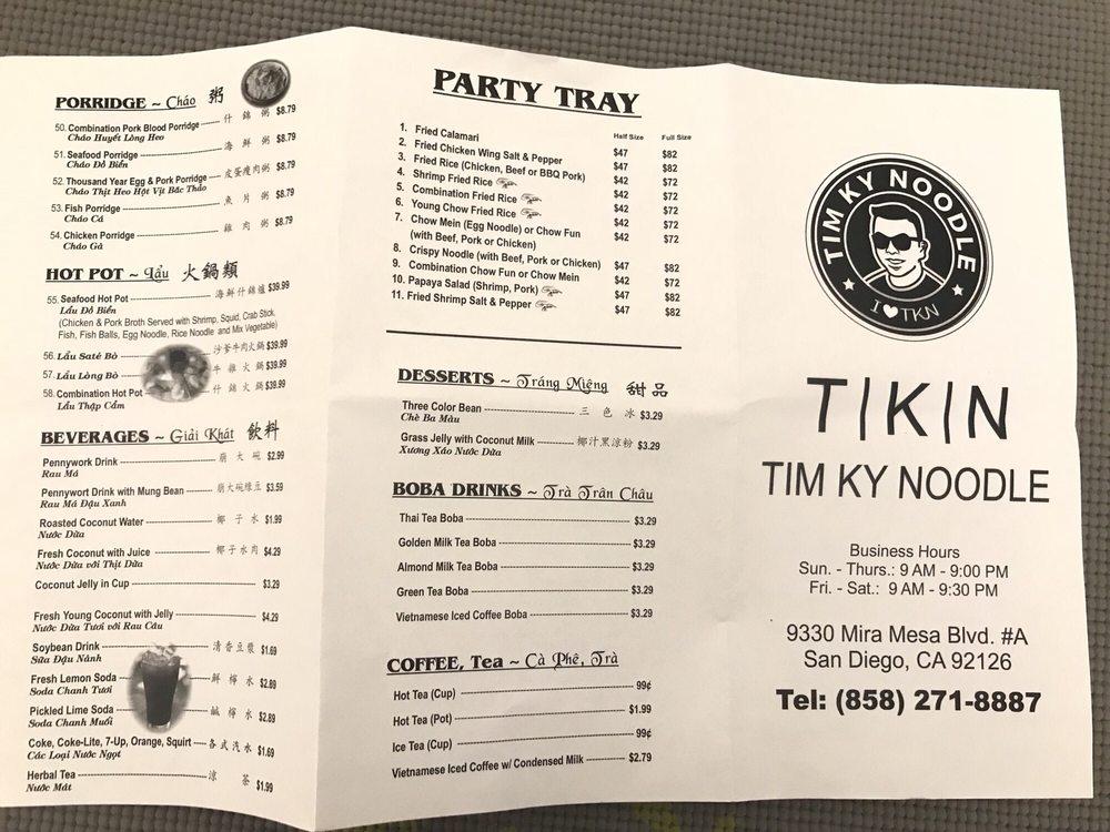 Menu at Tim Ky Noodle restaurant, San Diego