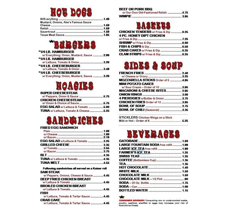 Menu at Abe's Hot Dogs fast food, Mountain Top