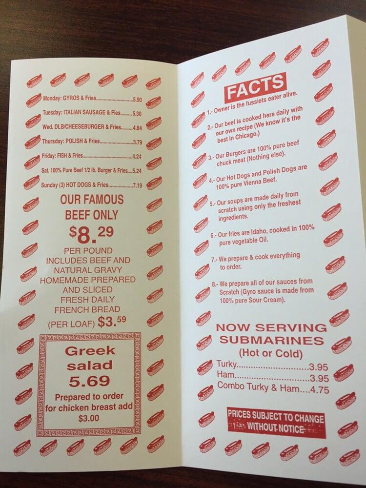 Menu at Donald's Famous Hot Dogs restaurant, Chicago, S Central Ave
