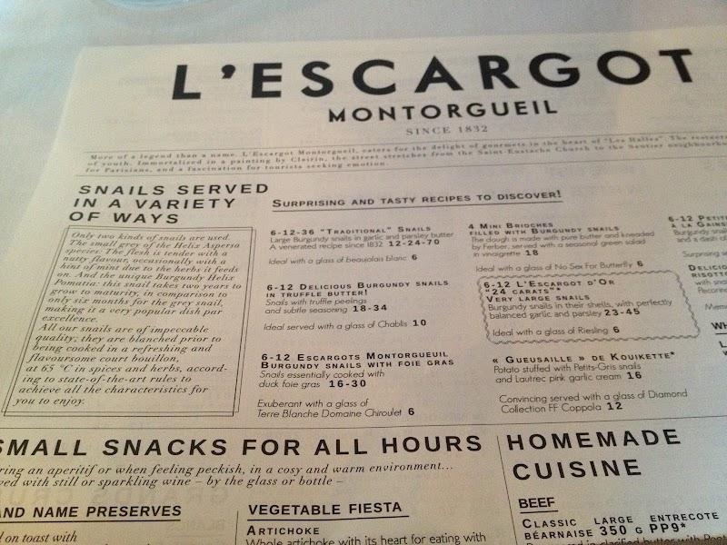Menu at L'Escargot restaurant, Paris, 38 Rue Montorgueil