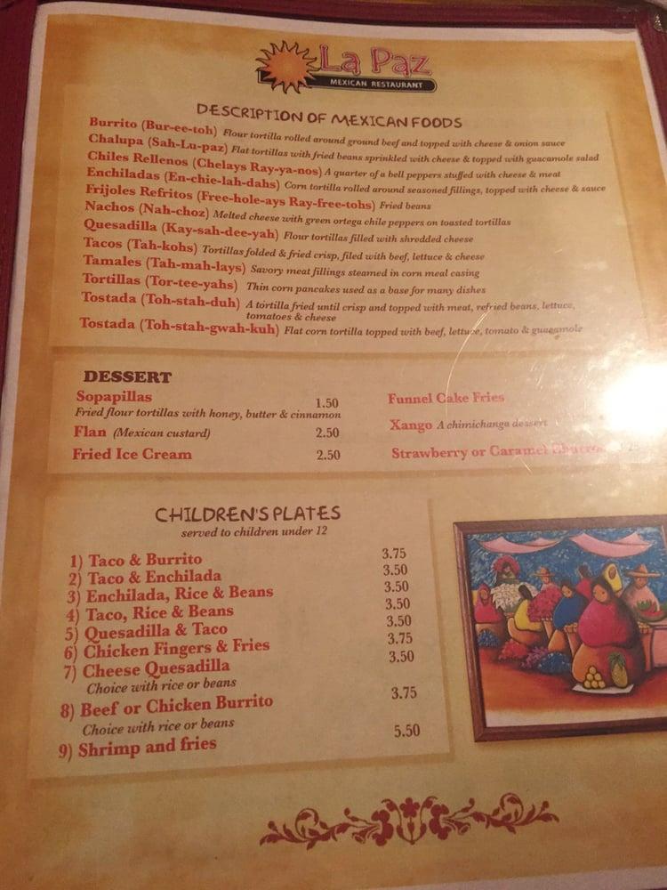 Menu at La Paz Mexican Restaurant & Grill, Boiling Springs