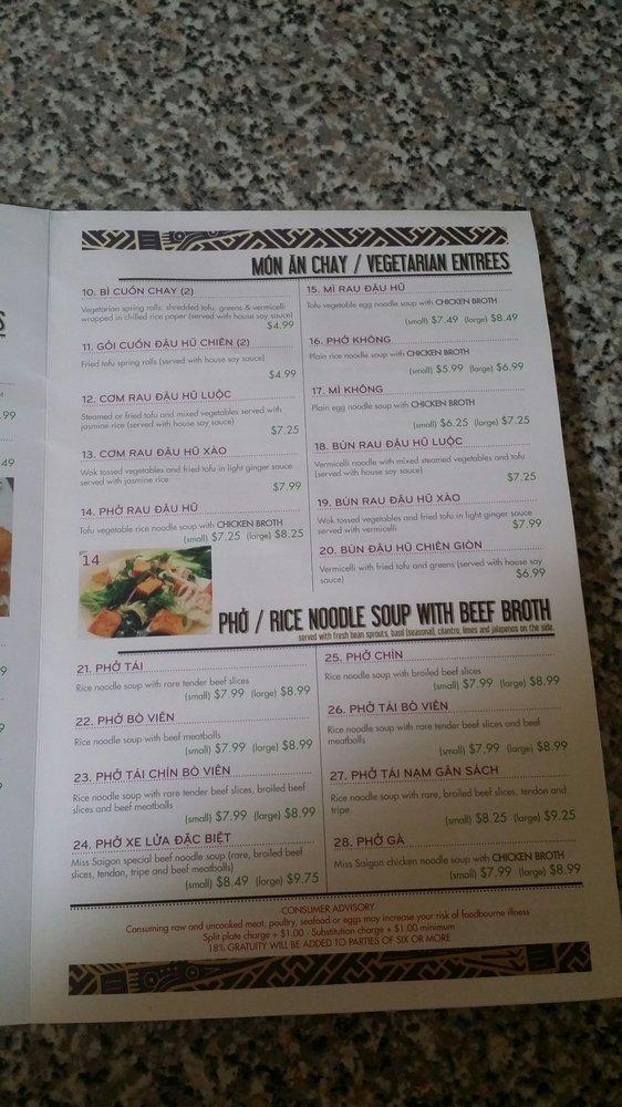Menu at Miss Saigon restaurant, Tucson, N Campbell Ave