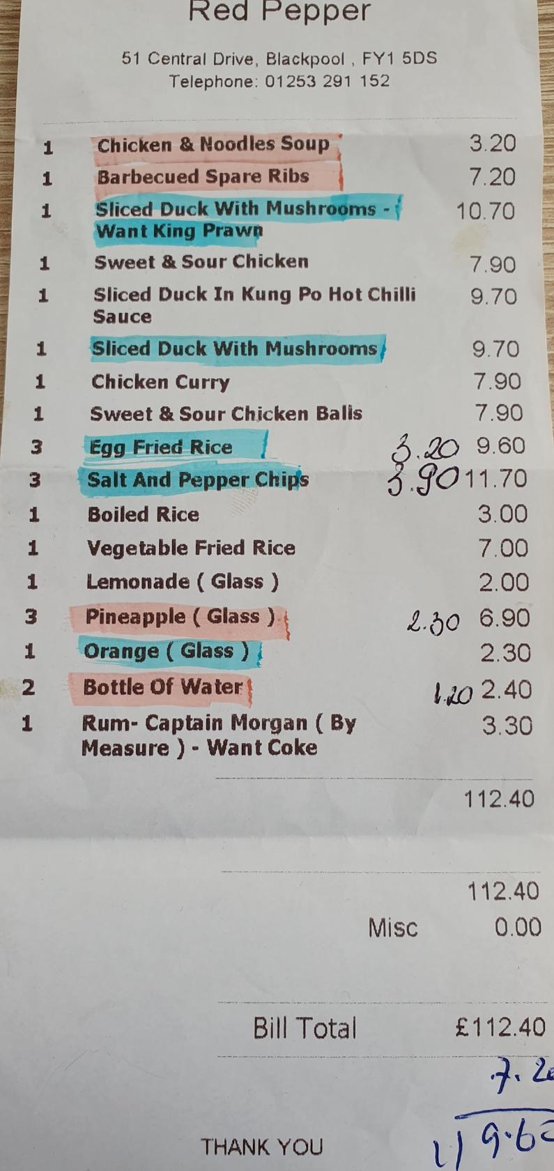 Menu at The Red Pepper restaurant, Blackpool