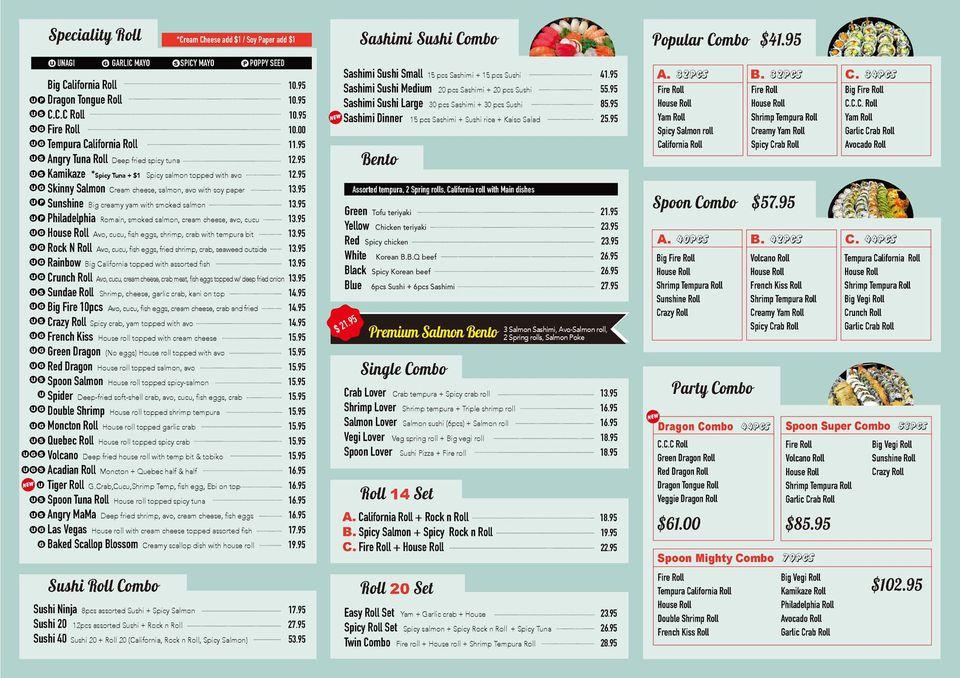 Menu at Spoon Sushi restaurant, Moncton