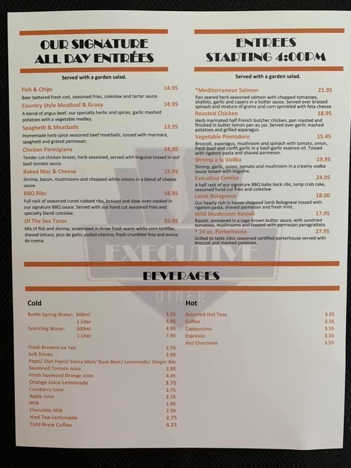 Menu at The Executive Diner restaurant, Alexandria