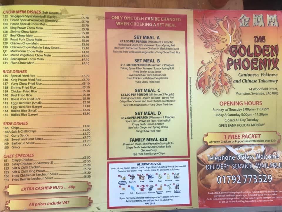 Menu at The Golden Phoenix fast food, Swansea