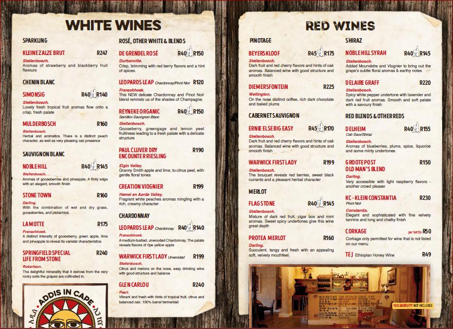 Menu at Addis in Cape Ethiopian Restaurant, Cape Town