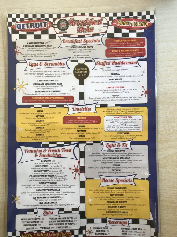 Menu at Bobby's Detroit Coney Island restaurant, La Quinta