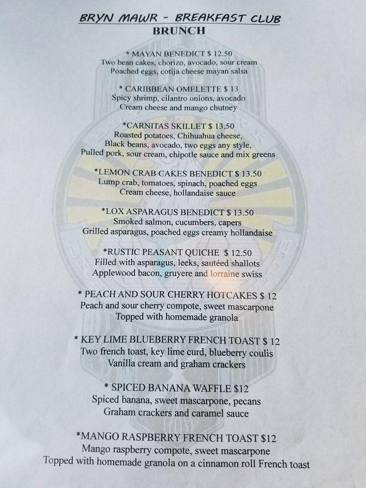 Menu at Bryn Mawr Breakfast Club, Chicago, W Bryn Mawr Ave