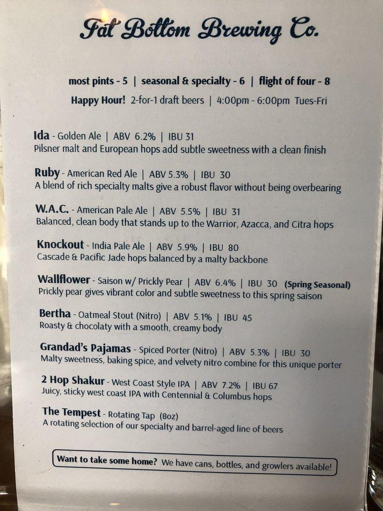 Menu at Fat Bottom Brewing Co. pub & bar, Nashville, 800 44th Ave N