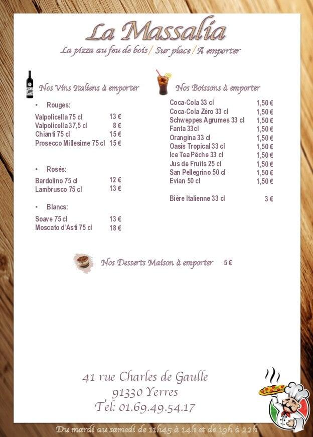 Menu at La Massalia pizzeria, Yerres, 41 Rue Charles de Gaulle