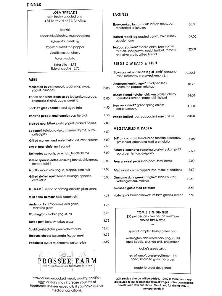 Menu at Lola restaurant, Seattle
