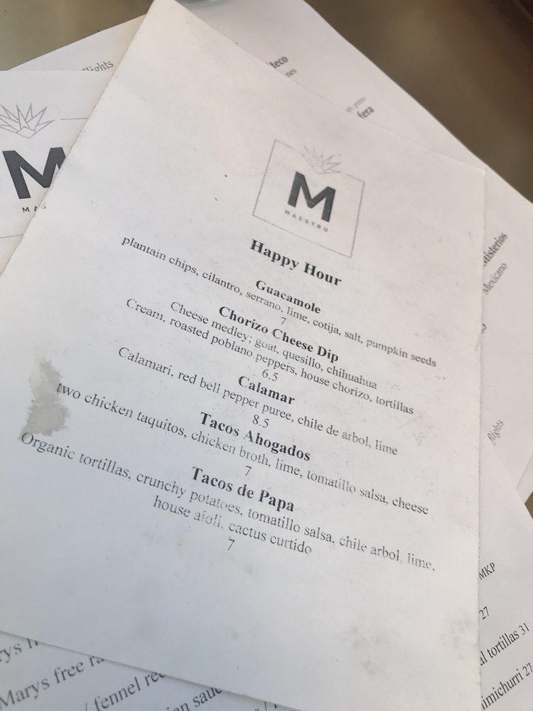 Menu at Maestro Restaurant, Pasadena