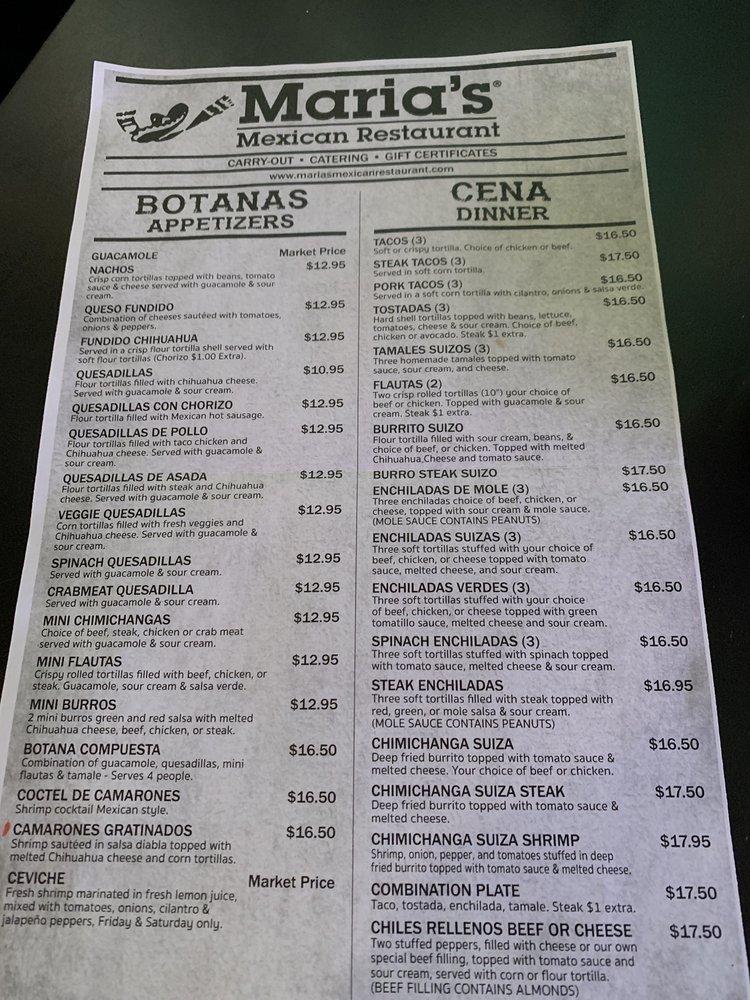 Menu at Maria's Mexican Restaurant, Chicago, N Harlem Ave