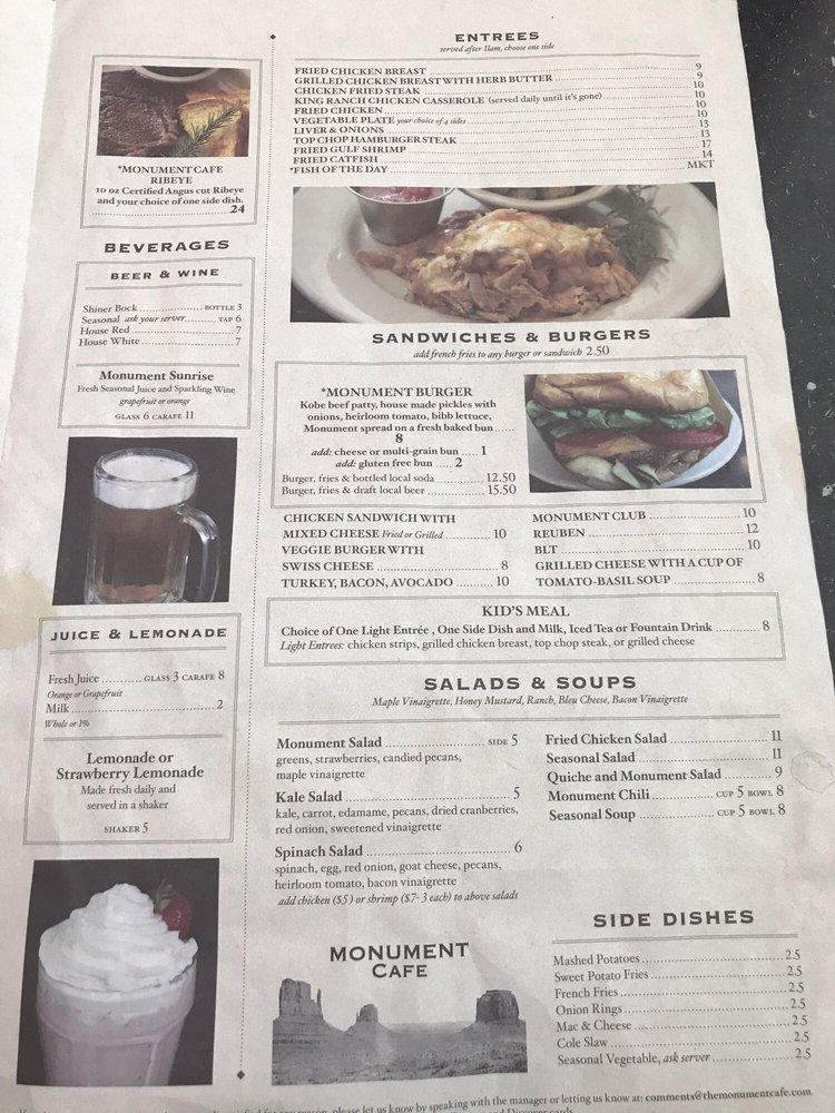Menu at Monument Cafe, Georgetown, 500 S Austin Ave