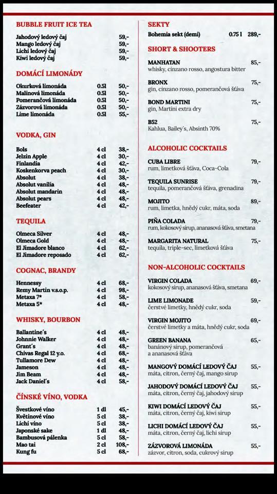 Menu at Sakura's restaurant, Liberec, Palachova 1404