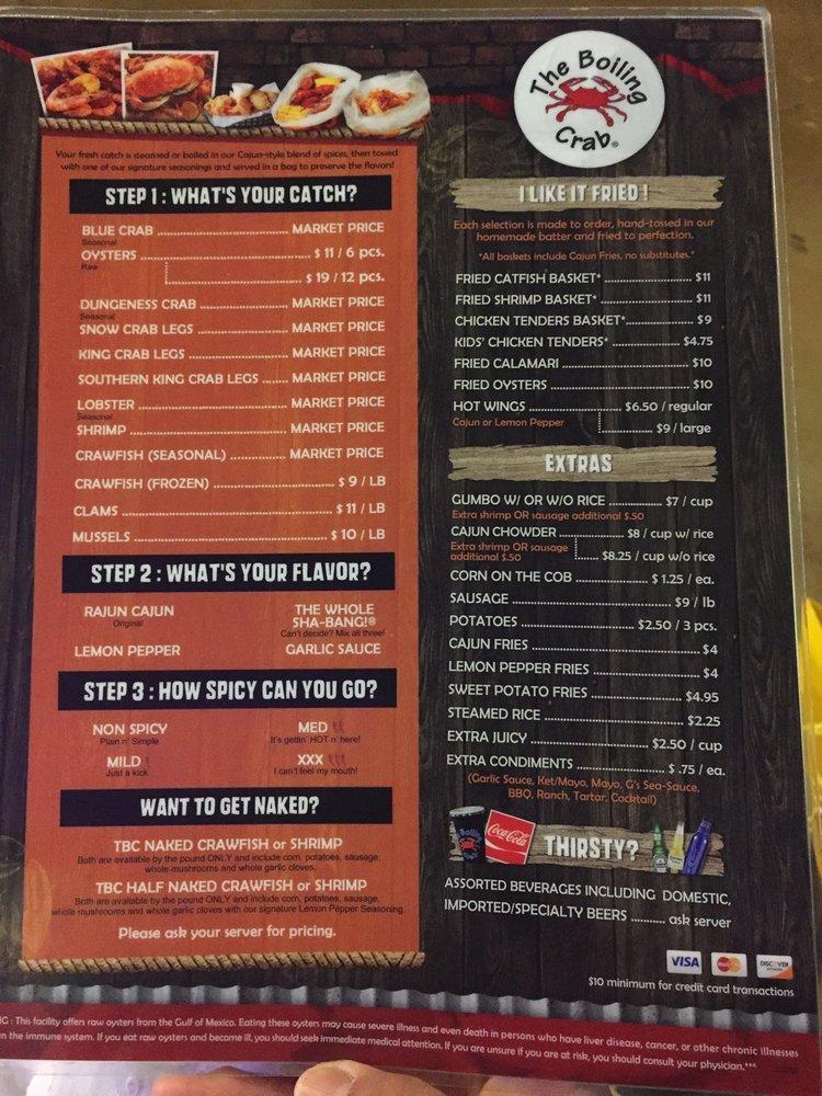 Menu at The Boiling Crab restaurant, Las Vegas, S Decatur Blvd