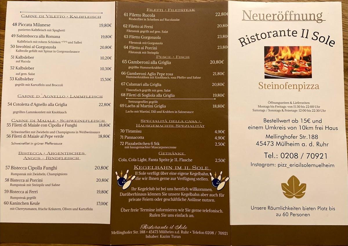 Speisekarte von il Sole pizza, Mülheim an der Ruhr
