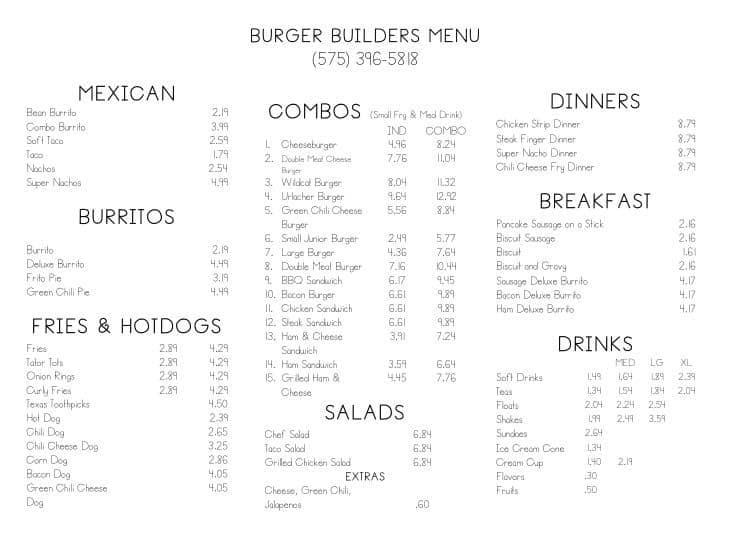 Menu at Burger Builders pizzeria, Lovington