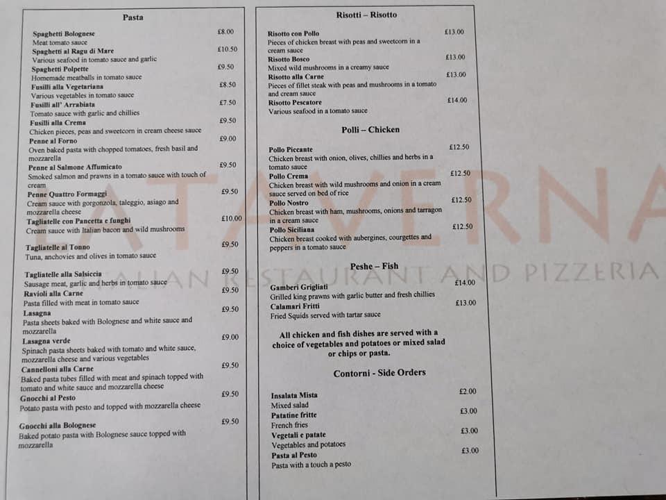 Menu at La Taverna restaurant, Llandudno