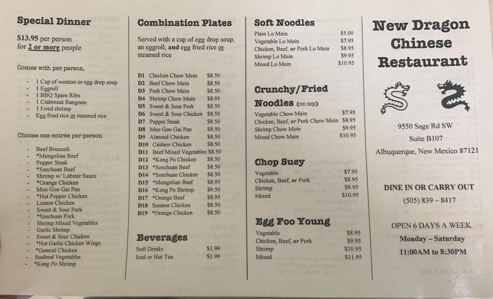 Menu at New Dragon restaurant, Albuquerque