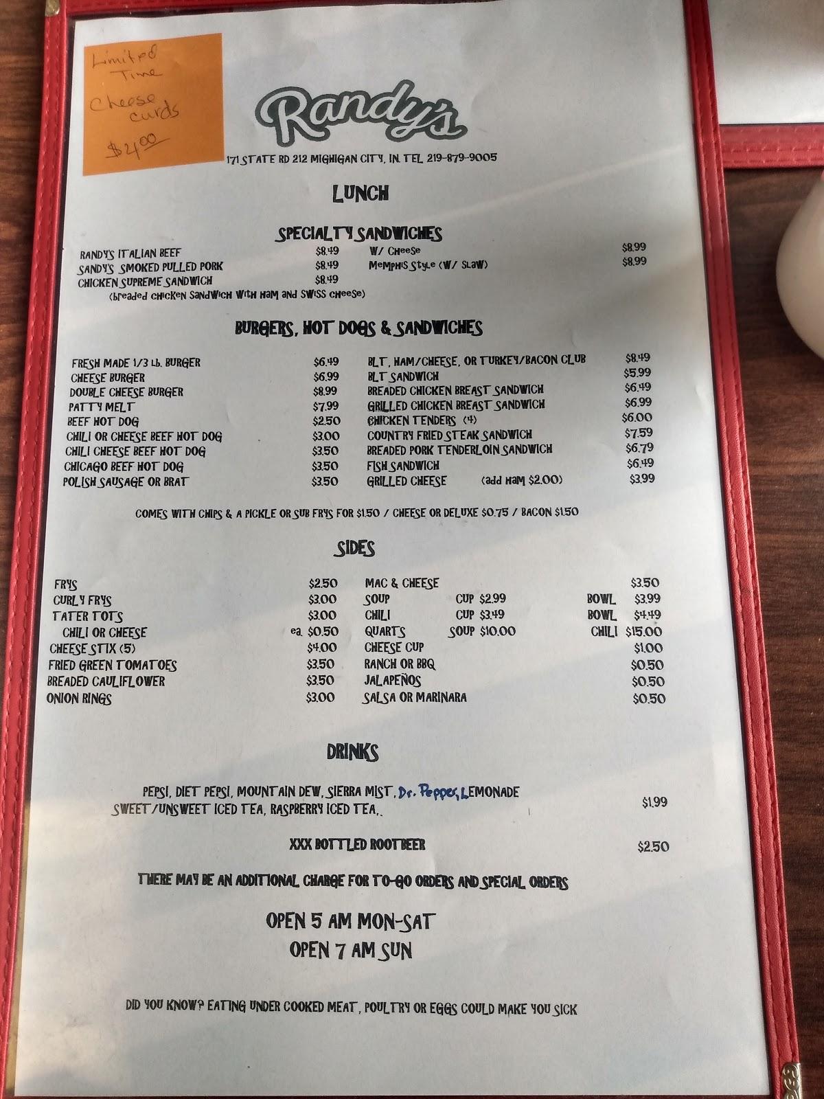Menu at Randy's Diner fast food, Michigan City