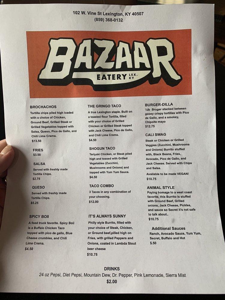 Menu at Bazaar Eatery restaurant, Lexington, 102 West Vine Street