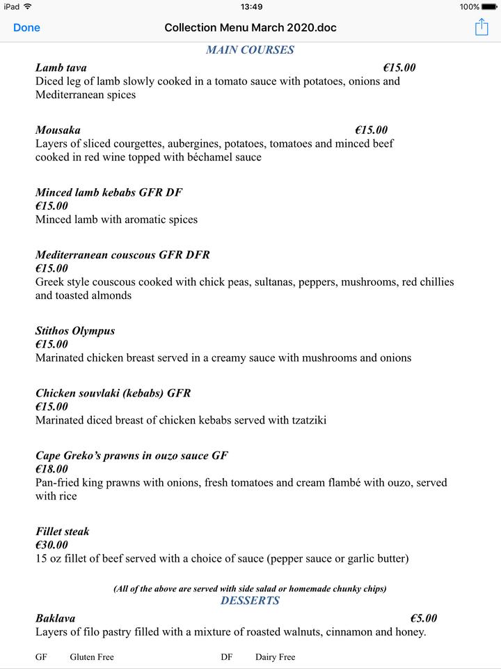 Menu at Cape Greko Greek & Cypriot restaurant, Malahide
