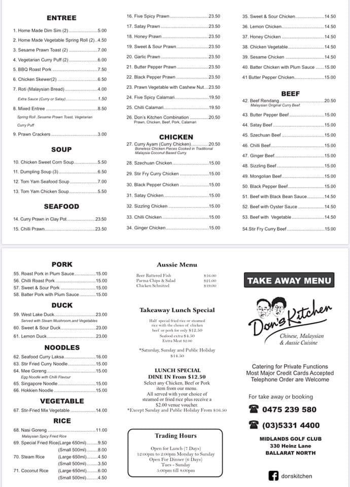 Menu at Don's Kitchen restaurant, Invermay Park, 330 Heinz Ln