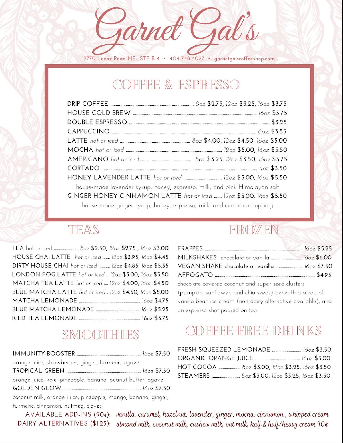 Menu at Garnet Gal's Coffee Shop & Bakery, Atlanta