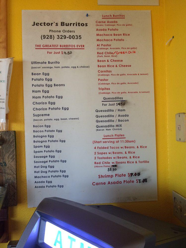Menu at Jector's Burritos restaurant, Yuma