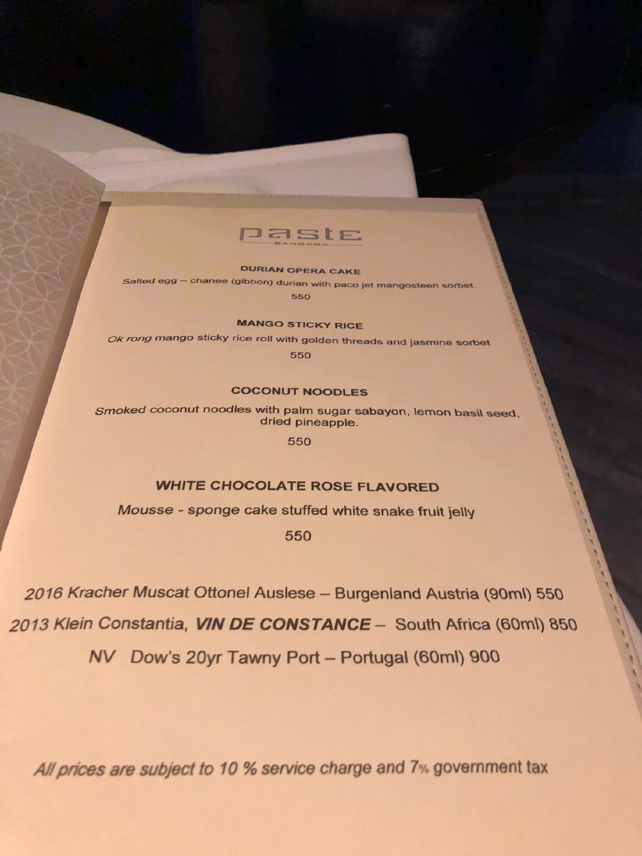 Menu at Paste Bangkok restaurant, Bangkok, Gaysorn Village