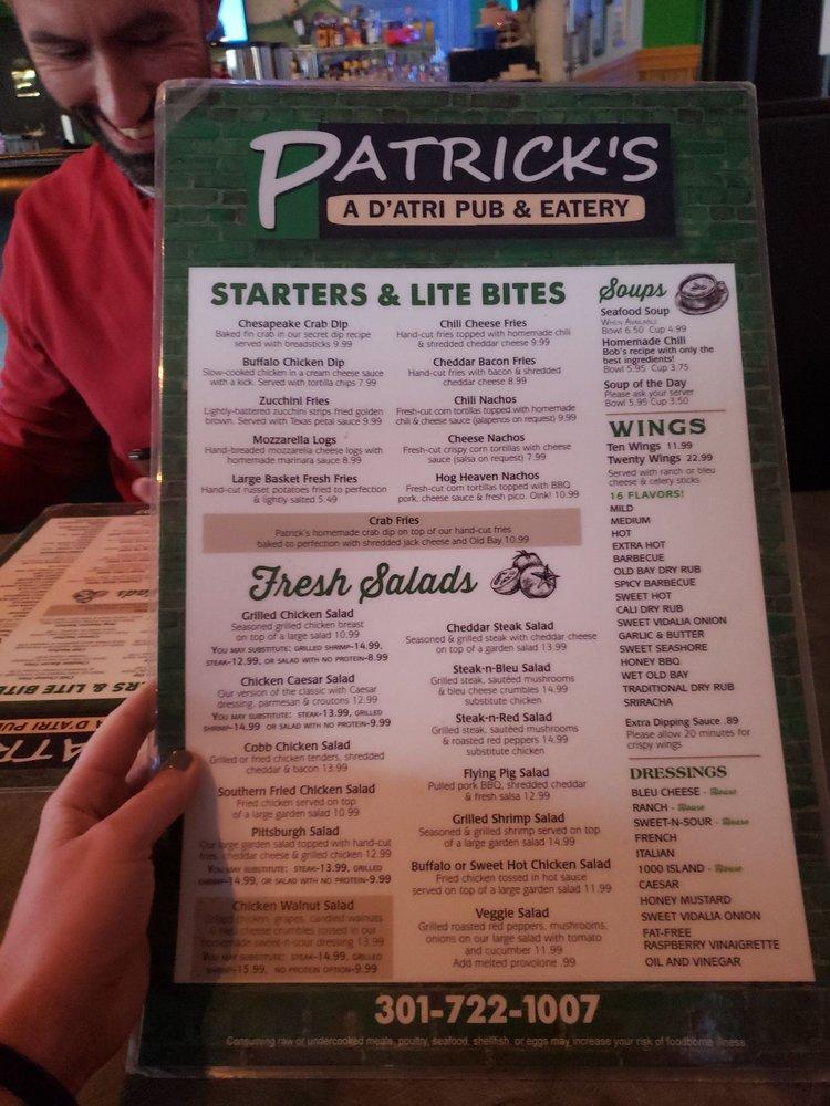 Menu at Patricks Pub, Cumberland
