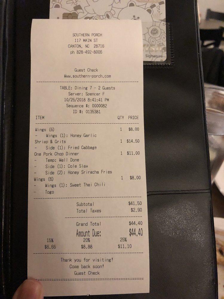 Menu at Southern Porch pub & bar, Canton