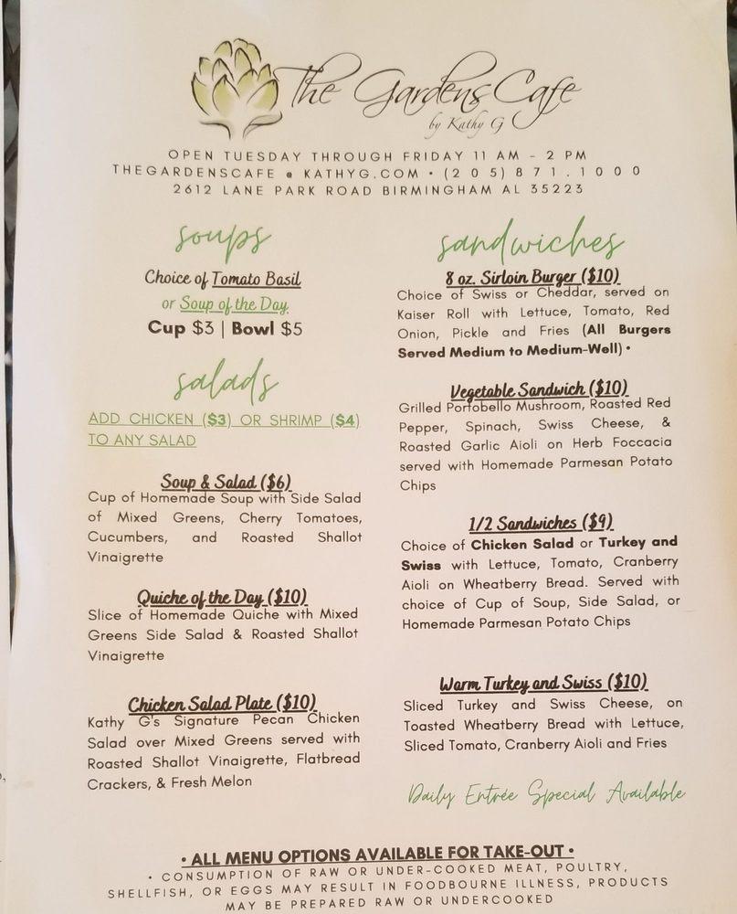 Menu at The Gardens Café by Kathy G. cafe, Birmingham