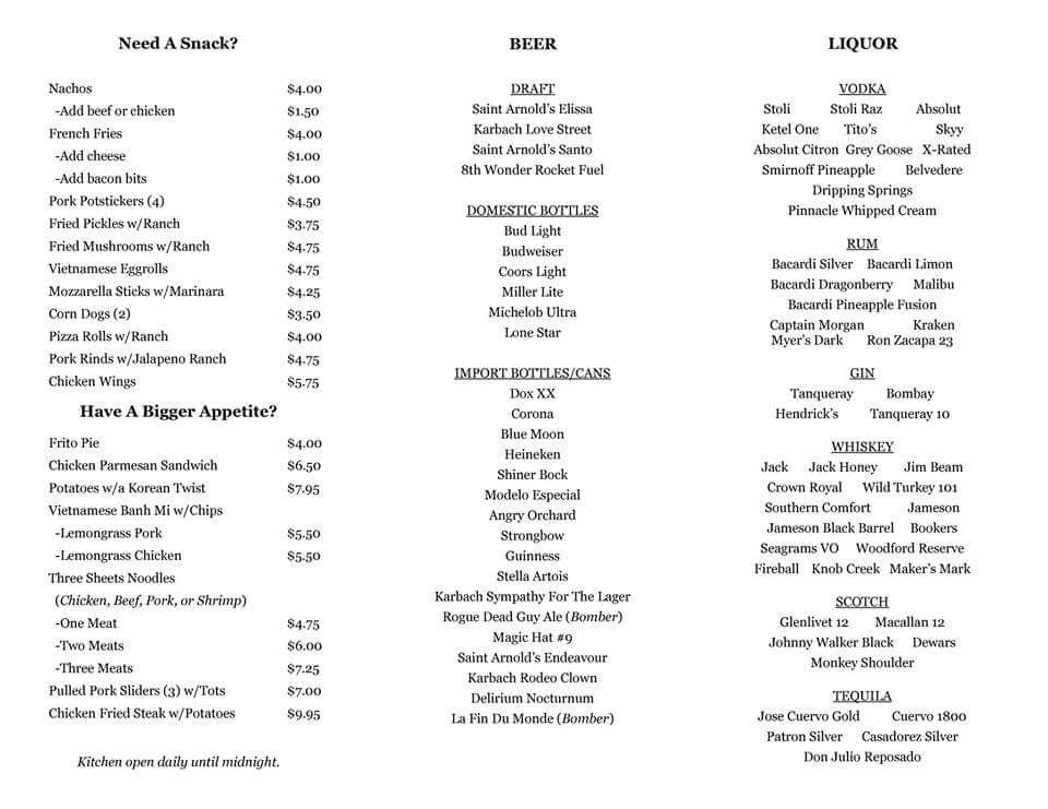 Carta de Three Sheets Bar & Grill, Houston