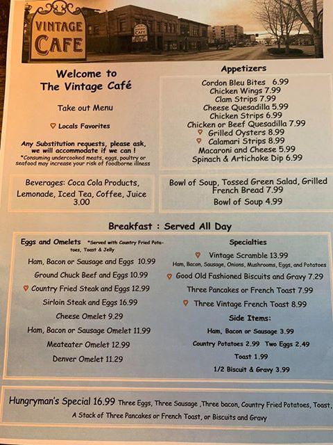 Menu at Vintage Cafe, Everett