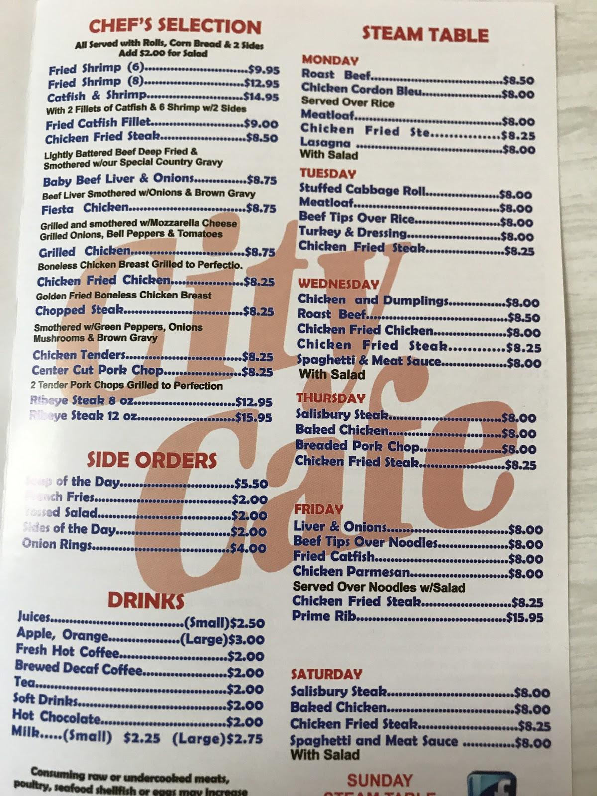 Menu at City Cafe, South Houston, 513 College Ave