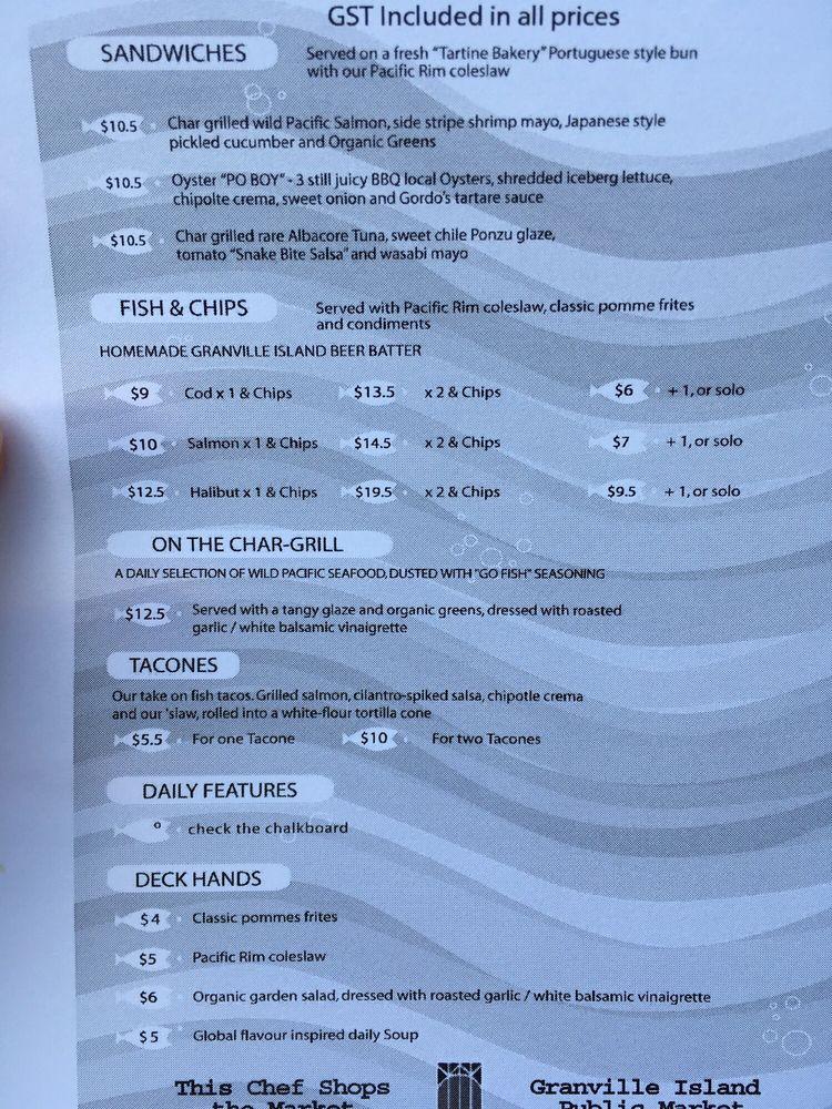 Menu at Go Fish restaurant, Vancouver, W 1st Ave
