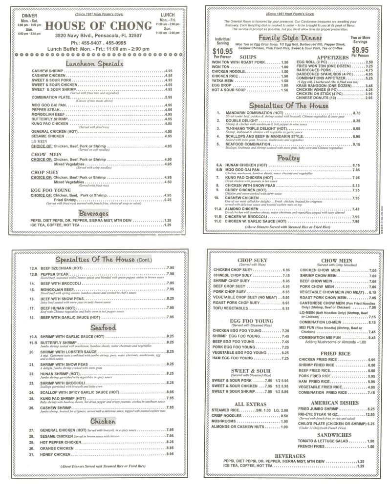 Menu at House of Chong restaurant, Pensacola