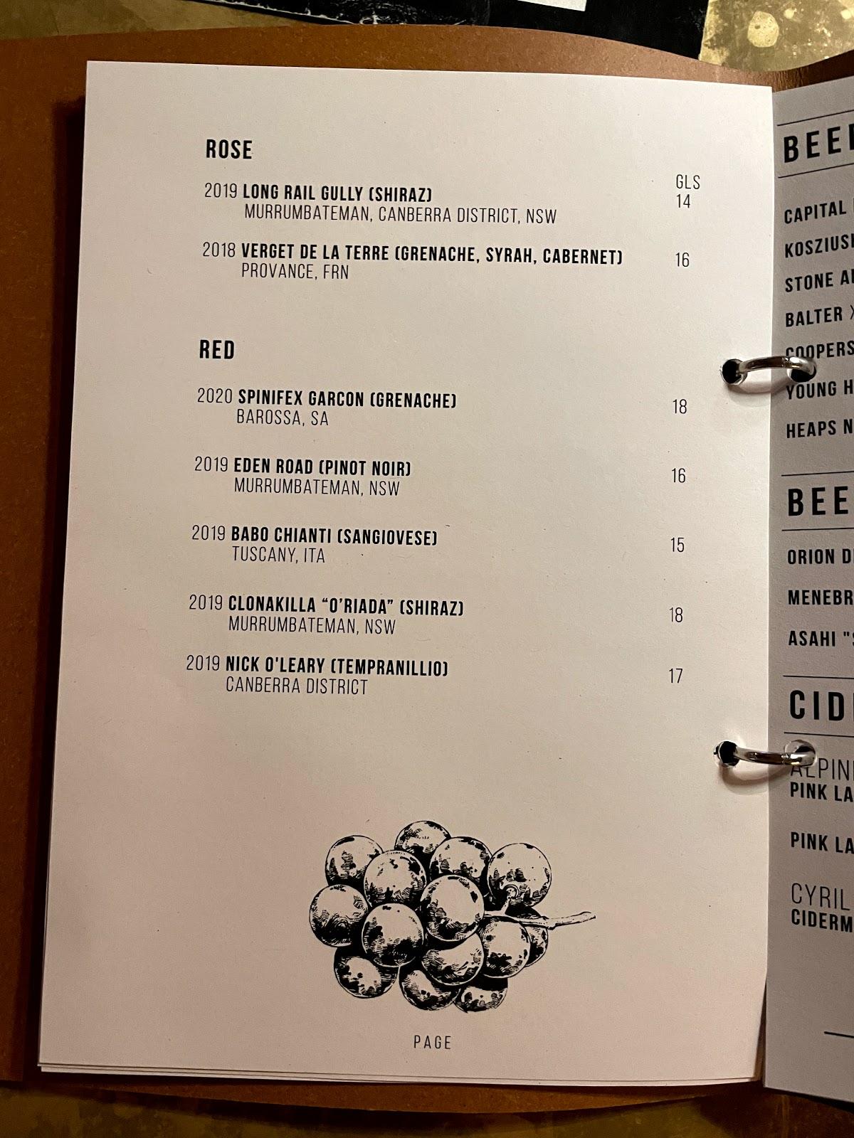 Menu at Monster Kitchen and Bar, Canberra
