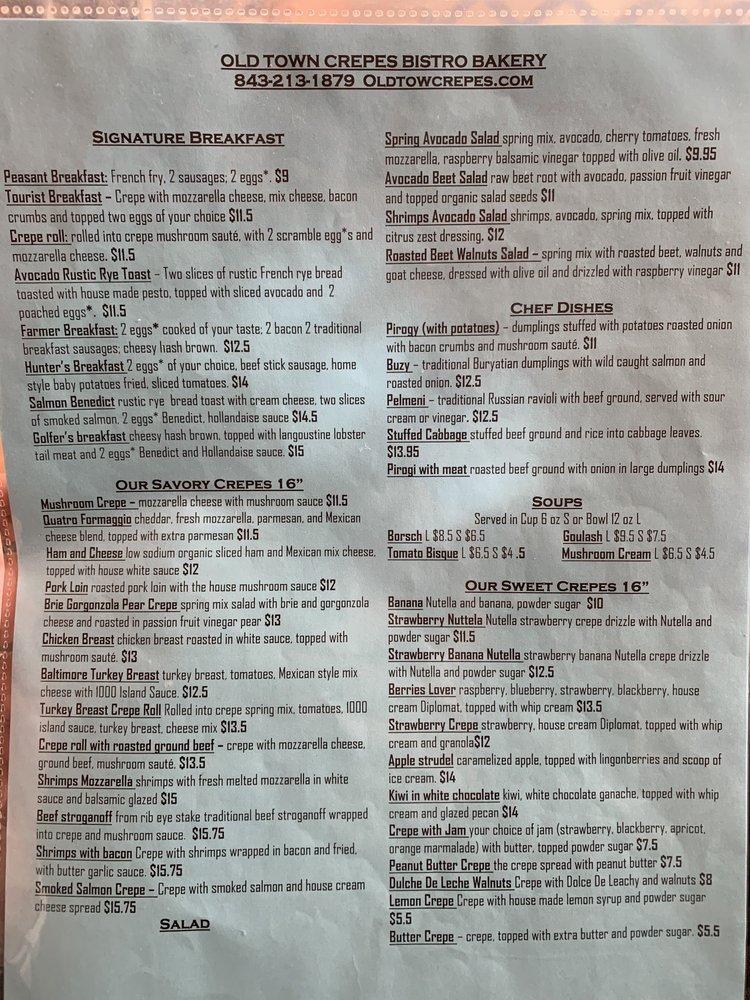 Menu at Old Town Crepes cafe, Myrtle Beach
