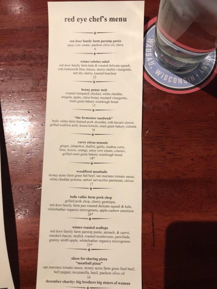 Menu at Red Eye Brewing Company pizzeria, Wausau