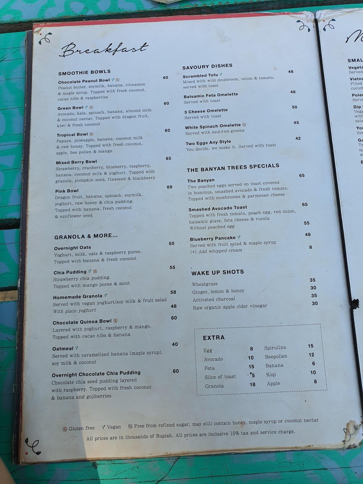 Menu at The Banyan Tree restaurant, Gili Indah
