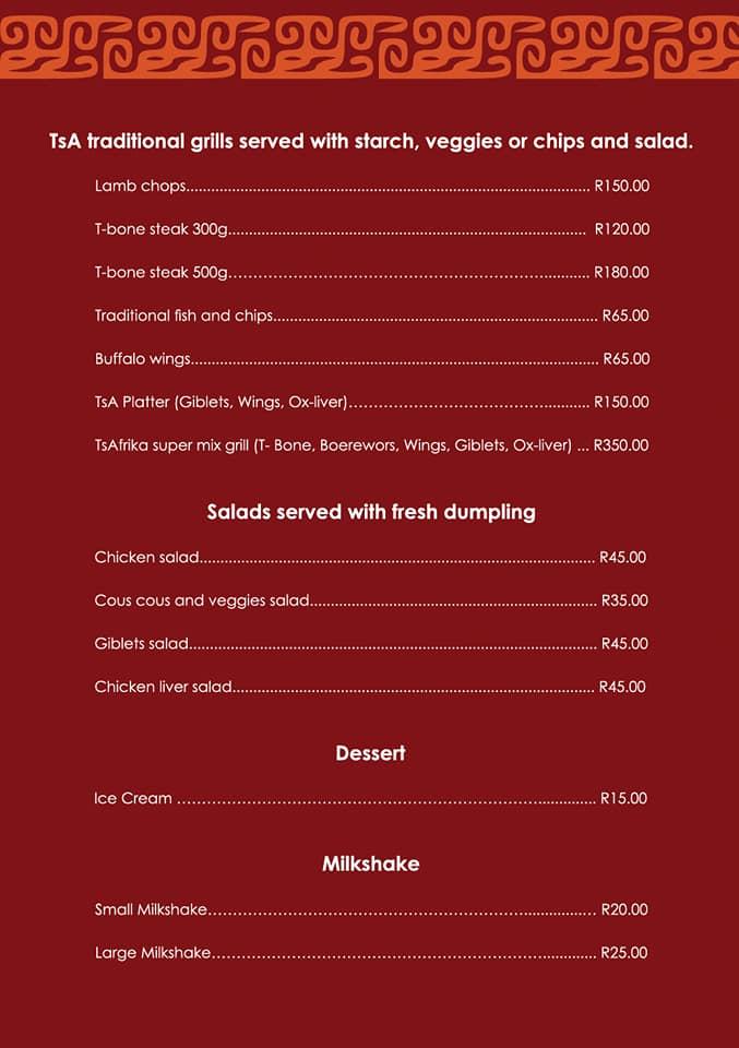 Menu at Tsa Douglasdale Fourways restaurant, Sandton