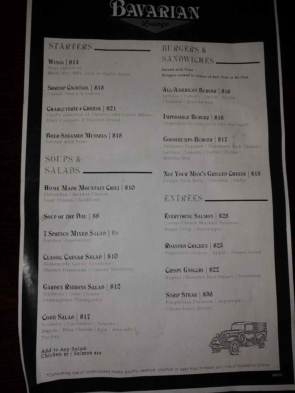 Menu at Bavarian Lounge pub & bar, Seven Springs